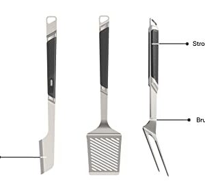 Everdure by Heston Blumenthal Premium Pack of 3 BBQ Tool Kit: Brushed Stainless Steel Tongs, Spatula and Fork with Soft Grip Handles and Hang Zone