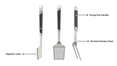 Everdure by Heston Blumenthal Premium Pack of 3 BBQ Tool Kit: Brushed Stainless Steel Tongs, Spatula and Fork with Soft Grip Handles and Hang Zone