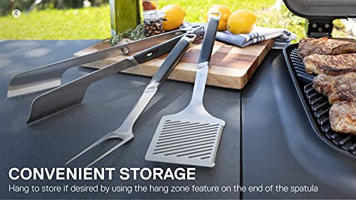 Everdure by Heston Blumenthal Premium Pack of 3 BBQ Tool Kit: Brushed Stainless Steel Tongs, Spatula and Fork with Soft Grip Handles and Hang Zone