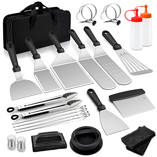 Joyfair Griddle Accessories Kit, 27Pcs Stainless Steel Griddle Accessory Grill Tools Set for Outdoor BBQ Flat Top, Included Metal Spatulas, Scraper, Storage Bag, Heat Resistant & Dishwasher Safe