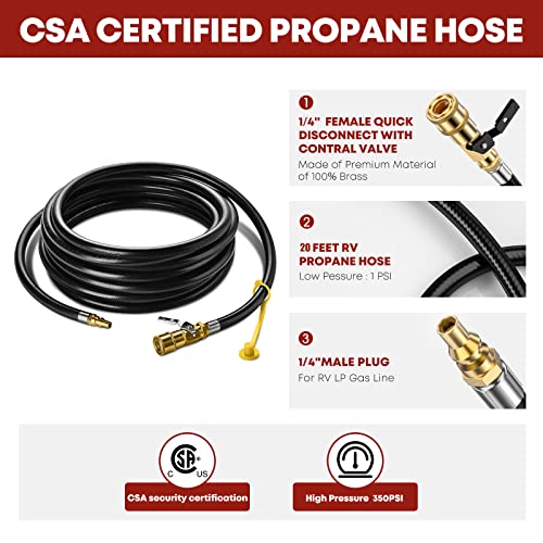 PatioGem 20 FT Quick Connect Propane Hose for RV to Grill, RV Propane Quick Connect Hose, Quick Disconnect Propane Hose Extension with 1/4"Safety Shutoff Valve for Grills, Griddles, Stove, Heater