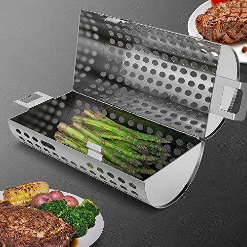 KEESHA BBQ Roller Grill Basket Vegetables & Fish Grill Basket - BBQ Grill Cooking Accessories for Outdoor Grill for Smokers / Pellet Grills / Charcoal Grills / Gas Grills - Perfect Grilling Gifts for Men, Stainless Steel