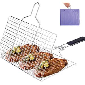 Fish Grill Basket,Olighan Foldable Grilling Basket with Removable Handle,Stainless Steel Large Folding BBQ Rack,Portable Camping Grilling baskets for Vegetables,Steak,Fish,Shrimpand at Home or Outdoor