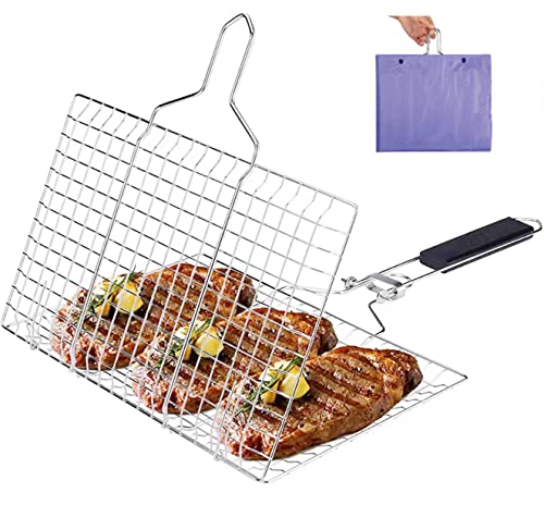 Fish Grill Basket,Olighan Foldable Grilling Basket with Removable Handle,Stainless Steel Large Folding BBQ Rack,Portable Camping Grilling baskets for Vegetables,Steak,Fish,Shrimpand at Home or Outdoor