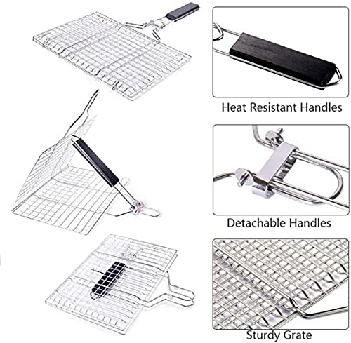 Fish Grill Basket,Olighan Foldable Grilling Basket with Removable Handle,Stainless Steel Large Folding BBQ Rack,Portable Camping Grilling baskets for Vegetables,Steak,Fish,Shrimpand at Home or Outdoor