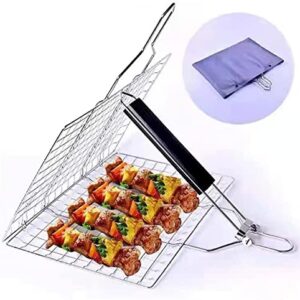 Fish Grill Basket,Olighan Foldable Grilling Basket with Removable Handle,Stainless Steel Large Folding BBQ Rack,Portable Camping Grilling baskets for Vegetables,Steak,Fish,Shrimpand at Home or Outdoor