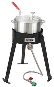 bayou classic 2212 aluminum fish cooker features 10-qt aluminum fry pot w/ basket 5-in stainless thermometer 4-in cast aluminum burner 19-in tall steel frame 5-psi regulator w/ 29-in stainless hose