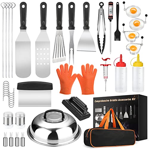 Griddle Accessories Kit, 39pcs Grilling Tools Spatulas Set for for Blackstone, Camp Chef, Stainless Steel Grill BBQ Tool Set with Basting Cover, Chopper, Spatula, Scraper, Bottle, Tongs, Egg Ring