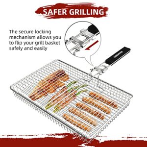 CEBERVICE Grill Basket Extra Large, SUS304 Food Safe Stainless Steel, Portable Folding BBQ Outdoor Camping Grilling Rack for Fish, Vegetables, Shrimp, Barbeque Griller Cooking Accessories, Grilling Gifts for Men, Dad, Father, Husband