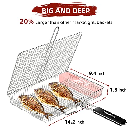 CEBERVICE Grill Basket Extra Large, SUS304 Food Safe Stainless Steel, Portable Folding BBQ Outdoor Camping Grilling Rack for Fish, Vegetables, Shrimp, Barbeque Griller Cooking Accessories, Grilling Gifts for Men, Dad, Father, Husband