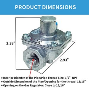 Weceleh 1/2" Natural/Propane Gas Pressure Regulator with 2 Brass Pipe Fittings (1/2" x 1/4"), 13/16" In and Out Opening, 1/2 PSI (Inlet pressure), LPG 10" NG 4" (Outlet pressure)