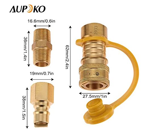 Aupoko 3/8 Inch Natural Gas Quick Connect Fittings, Brass Propane Gas Grill Quick Connector Adapter Fitting, LP Gas Propane Hose Quick Disconnect Kit, 3/8’’ Male Pipe Thread x 3/8’’ Female Pipe Threa