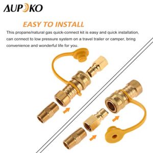 Aupoko 3/8 Inch Natural Gas Quick Connect Fittings, Brass Propane Gas Grill Quick Connector Adapter Fitting, LP Gas Propane Hose Quick Disconnect Kit, 3/8’’ Male Pipe Thread x 3/8’’ Female Pipe Threa