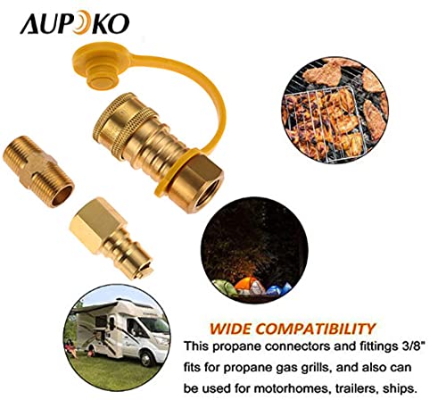 Aupoko 3/8 Inch Natural Gas Quick Connect Fittings, Brass Propane Gas Grill Quick Connector Adapter Fitting, LP Gas Propane Hose Quick Disconnect Kit, 3/8’’ Male Pipe Thread x 3/8’’ Female Pipe Threa