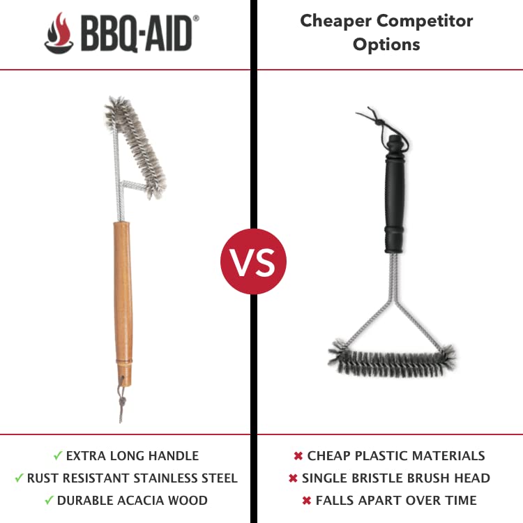 BBQ-AID All Angles BBQ Grill Brush for Outdoor Grill – Cleans All Angles, Large Wooden Handle, and Stainless Steel Bristles - BBQ Brush for Grill Cleaning – Grill Cleaner Brush Safe for BBQ and Grill