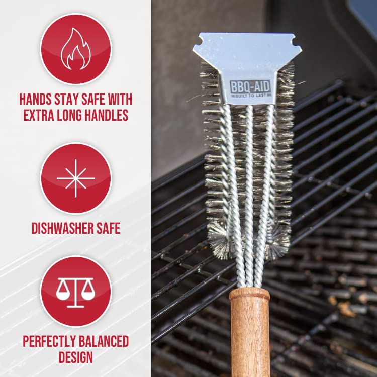 BBQ-AID All Angles BBQ Grill Brush for Outdoor Grill – Cleans All Angles, Large Wooden Handle, and Stainless Steel Bristles - BBQ Brush for Grill Cleaning – Grill Cleaner Brush Safe for BBQ and Grill