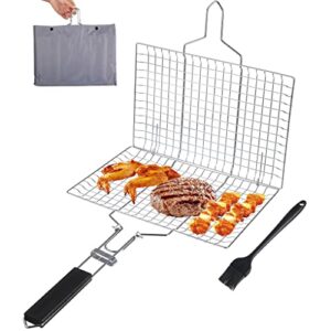 grill basket – stainless steel bbq grilling basket, foldable bbq basket with detachable handle, portable barbecue grid for fish steak vegetable shrimp including basting brush & storage bag (32x22cm)