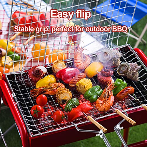 Grill Basket - Stainless Steel BBQ Grilling Basket, Foldable BBQ Basket with Detachable Handle, Portable Barbecue Grid for Fish Steak Vegetable Shrimp Including Basting Brush & Storage Bag (32x22cm)