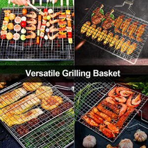 Grill Basket - Stainless Steel BBQ Grilling Basket, Foldable BBQ Basket with Detachable Handle, Portable Barbecue Grid for Fish Steak Vegetable Shrimp Including Basting Brush & Storage Bag (32x22cm)