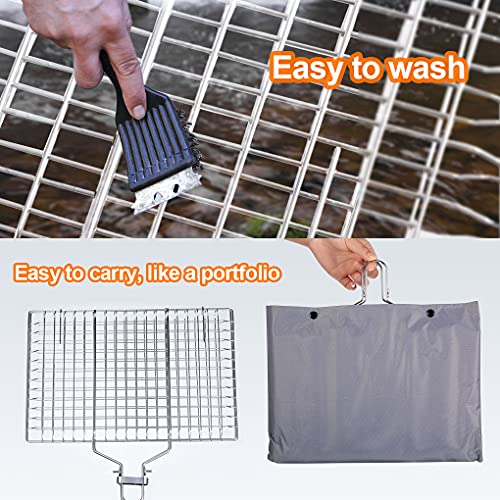 Grill Basket - Stainless Steel BBQ Grilling Basket, Foldable BBQ Basket with Detachable Handle, Portable Barbecue Grid for Fish Steak Vegetable Shrimp Including Basting Brush & Storage Bag (32x22cm)