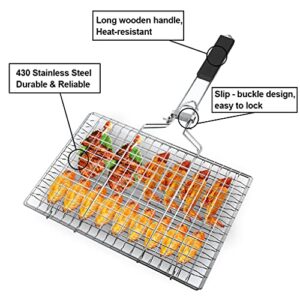 Grill Basket - Stainless Steel BBQ Grilling Basket, Foldable BBQ Basket with Detachable Handle, Portable Barbecue Grid for Fish Steak Vegetable Shrimp Including Basting Brush & Storage Bag (32x22cm)