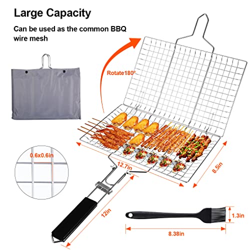 Grill Basket - Stainless Steel BBQ Grilling Basket, Foldable BBQ Basket with Detachable Handle, Portable Barbecue Grid for Fish Steak Vegetable Shrimp Including Basting Brush & Storage Bag (32x22cm)