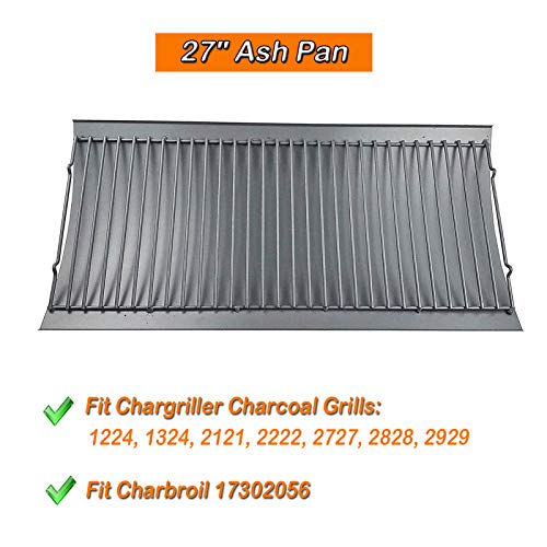 MixRBBQ 27 inch Ash pan for Chargriller 1224 1324 2121 2222 2727 2828 2929 Charcoal Grill, Fire Grate Replacement Part with 2pcs Fire Grate Hanger, 27" Drip Pan