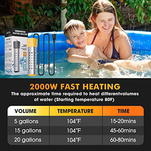 Immersion Water Heater Bucket Heater 2000W Automatic Power-Off (158 F) Portable Water Heater for Pool with Stainless Steel Guard and Digital LCD Thermometer Suitable for Non-Conductive containers