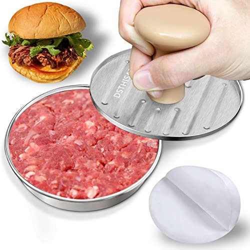 DSTHISAR Burger Press, 5”Stainless Steel Hamburger Press Patty Maker, Non-Stick Hamburger Press for Making Patties, for Grilling and Cooking, Comes with 100 Pieces of Wax Paper