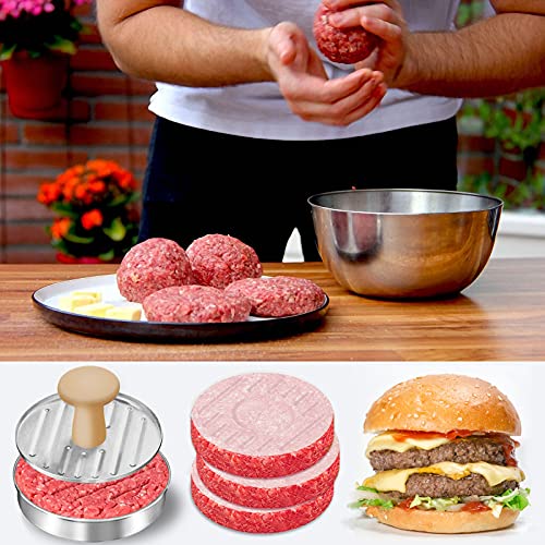 DSTHISAR Burger Press, 5”Stainless Steel Hamburger Press Patty Maker, Non-Stick Hamburger Press for Making Patties, for Grilling and Cooking, Comes with 100 Pieces of Wax Paper