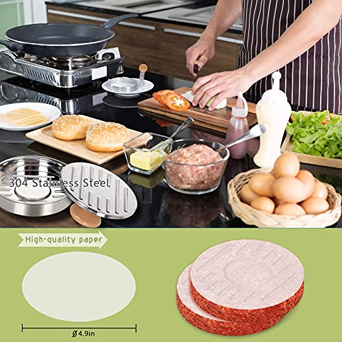 DSTHISAR Burger Press, 5”Stainless Steel Hamburger Press Patty Maker, Non-Stick Hamburger Press for Making Patties, for Grilling and Cooking, Comes with 100 Pieces of Wax Paper