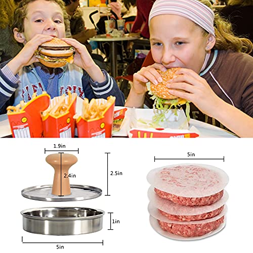 DSTHISAR Burger Press, 5”Stainless Steel Hamburger Press Patty Maker, Non-Stick Hamburger Press for Making Patties, for Grilling and Cooking, Comes with 100 Pieces of Wax Paper