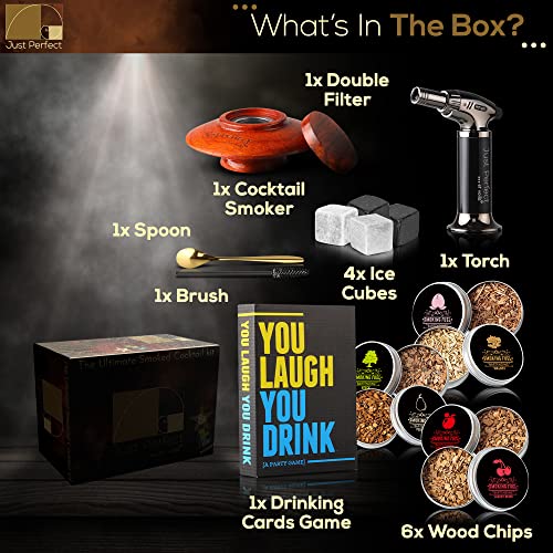 Just, Perfect and Regular Cocktail Smoker Kit with Torch, 6 Flavors Wood Chips, 4 Marble Ice Cubes, 1 Bonus Drinking Cards Game- Old Fashioned Wood Smoker for Whiskey | Cheese | Gift for Bourbon Drinks Lovers (No Butane)