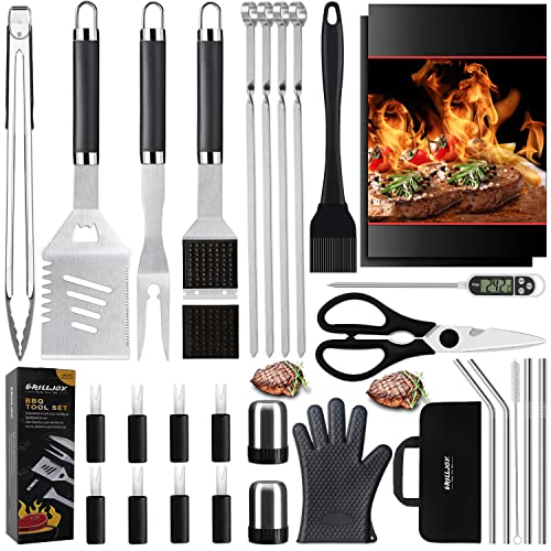 grilljoy 31PC Heavy Duty BBQ Grilling Accessories Grill Tools Set - Stainless Steel Grilling Kit with Storage Bag for Camping, Tailgating - Perfect Barbecue Utensil Gift for Men Women