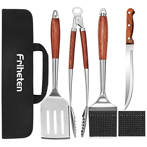 BBQ Grill Tools Set Accessories,Rose Wooden 17'' Heavy Duty Essential Grilling Barbecue utensils with Super Thick Stainless Steel Spatula,Clean Brush,Tongs,Knife for Outdoor grill. Grill Gifts for Men