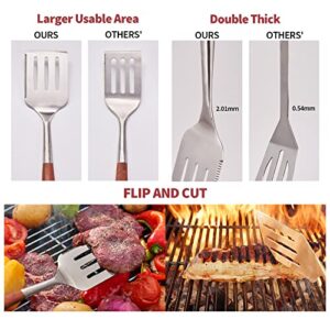 BBQ Grill Tools Set Accessories,Rose Wooden 17'' Heavy Duty Essential Grilling Barbecue utensils with Super Thick Stainless Steel Spatula,Clean Brush,Tongs,Knife for Outdoor grill. Grill Gifts for Men