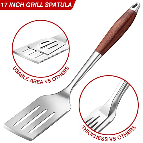 BBQ Grill Tools Set Accessories,Rose Wooden 17'' Heavy Duty Essential Grilling Barbecue utensils with Super Thick Stainless Steel Spatula,Clean Brush,Tongs,Knife for Outdoor grill. Grill Gifts for Men