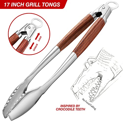 BBQ Grill Tools Set Accessories,Rose Wooden 17'' Heavy Duty Essential Grilling Barbecue utensils with Super Thick Stainless Steel Spatula,Clean Brush,Tongs,Knife for Outdoor grill. Grill Gifts for Men