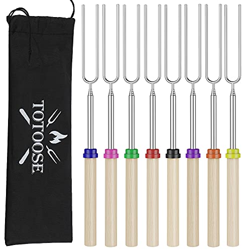 Totoose Extendable Marshmallow Roasting Sticks - Set of 8 Telescoping Smores Skewers & Hot Dog Forks with Wooden Handle for Fire Pit Campfire - 32 inch Stainless Steel BBQ Kit for Outdoor Camping