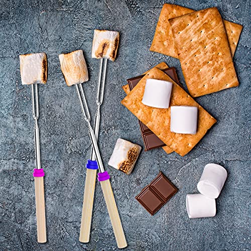 Totoose Extendable Marshmallow Roasting Sticks - Set of 8 Telescoping Smores Skewers & Hot Dog Forks with Wooden Handle for Fire Pit Campfire - 32 inch Stainless Steel BBQ Kit for Outdoor Camping