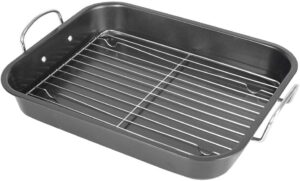 deluxe non stick roaster/roasting pan with handles and grill rack, excellent for turkeys, hams and chickens 14.5″ x 11.5″, black