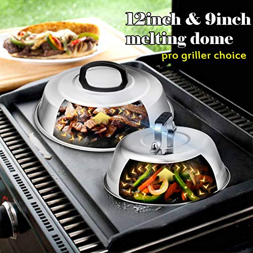 Professional Melting Dome Lid Set of 3, Leonyo 12"- 9" Metal Steam Basting Cover for Griddle Grill Top, Stainless Steel Griddle Accessories for BBQ Flat Top Kitchen Cooking Burger Cheese, Heat Proof