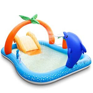 Inflatable Play Center, Kiddie Pool for Kids, Toddler Pool Seaside Water Lounge with Slide, Coconut Palm Sprinkler, Ball Toss Game, Ring Toss Game for Kids Children Ages 3+, 95'' x 75'' x 40''