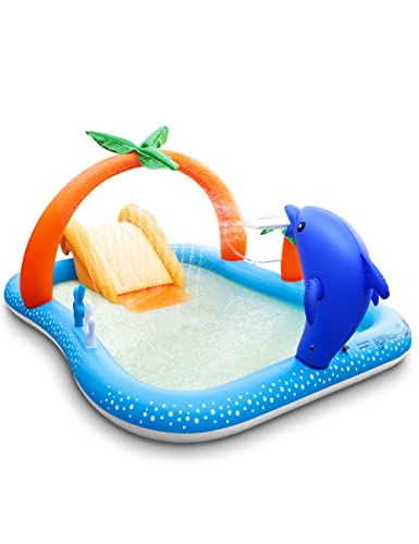 Inflatable Play Center, Kiddie Pool for Kids, Toddler Pool Seaside Water Lounge with Slide, Coconut Palm Sprinkler, Ball Toss Game, Ring Toss Game for Kids Children Ages 3+, 95'' x 75'' x 40''