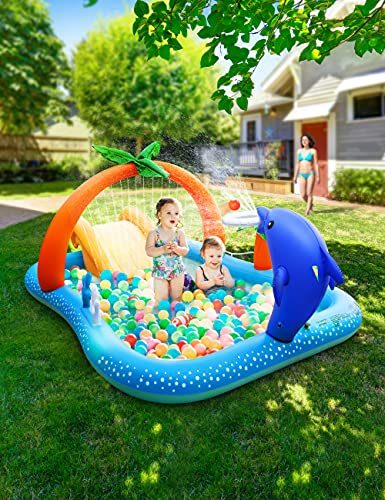 Inflatable Play Center, Kiddie Pool for Kids, Toddler Pool Seaside Water Lounge with Slide, Coconut Palm Sprinkler, Ball Toss Game, Ring Toss Game for Kids Children Ages 3+, 95'' x 75'' x 40''