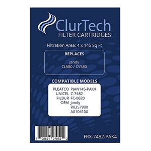 ClurTech FRX-7482-PAK4 4 Pack Jandy CL580 CV580 PJAN145-PAK4 C-7482 FC-0820 R0357900 A0104100 Replacement Pool or Spa Filter Cartridge, White