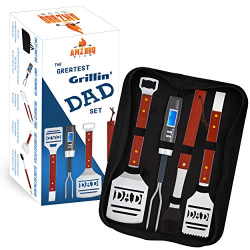 AMZ BBQ Club Gifts for Dad Grill Set for Fathers Day, Dad's Birthday or Anytime - 4 Piece Grilling Accessories for Men Includes Spatula, Tongs, Digital Thermometer, Basting Brush