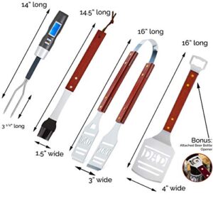 AMZ BBQ Club Gifts for Dad Grill Set for Fathers Day, Dad's Birthday or Anytime - 4 Piece Grilling Accessories for Men Includes Spatula, Tongs, Digital Thermometer, Basting Brush