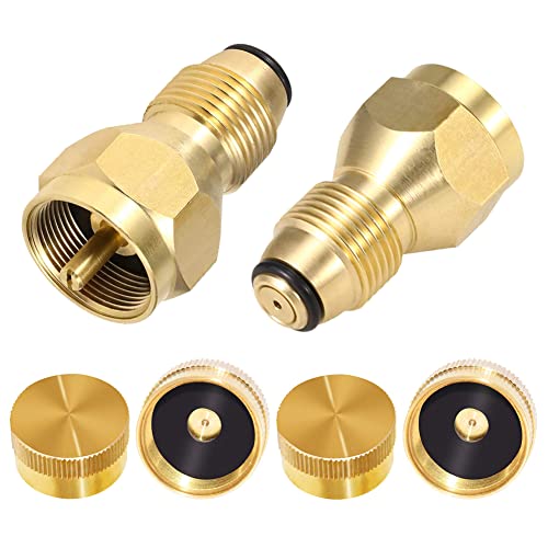 Joywayus 2 Pcs Propane Tank Refill Adapter with 4 Propane Bottle Caps Universal for All 1 lb Propane Tank Small Cylinders - Safest Tank Fill Attachment and Solid Brass Regulator Valve Accessory