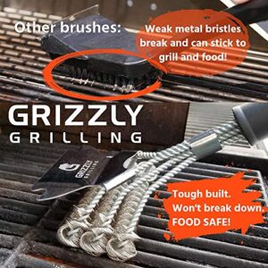 Grizzly Grilling Grill Brush and Scraper - Bristle Free Stainless Steel BBQ Cleaning Tool - No Wire Scrubber Best for Gas/Charcoal/Porcelain Grill Grates - Safe Barbeque Accessories